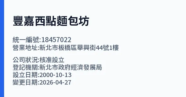 豐嘉西點麵包坊的照片-統編 18457022(新北市) 公司登記資料與營業項目詳細圖表