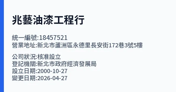 兆藝油漆工程行的照片-統編 18457521(新北市) 公司登記資料與營業項目詳細圖表