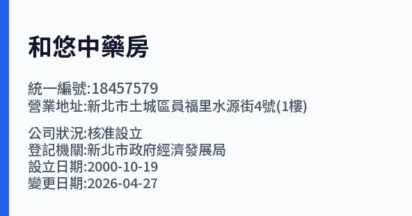 和悠中藥房的照片-統編 18457579(新北市) 公司登記資料與營業項目詳細圖表