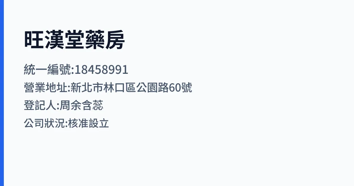 旺漢堂藥房 - 統編 18458991(新北市) 公司登記資料與營業項目詳細圖表