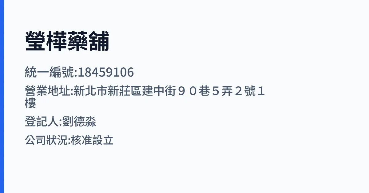 瑩樺藥舖 - 統編 18459106(新北市) 公司登記資料與營業項目詳細圖表