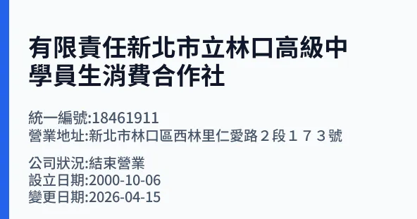 有限責任新北市立林口高級中學員生消費合作社的照片-統編 18461911(新北市) 公司登記資料與營業項目詳細圖表