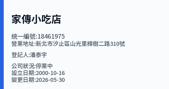 家傳小吃店的照片-統編 18461975(新北市) 公司登記資料與營業項目詳細圖表
