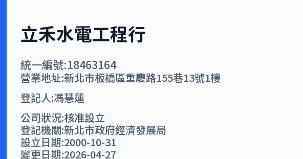 立禾水電工程行的照片-統編 18463164(新北市) 公司登記資料與營業項目詳細圖表