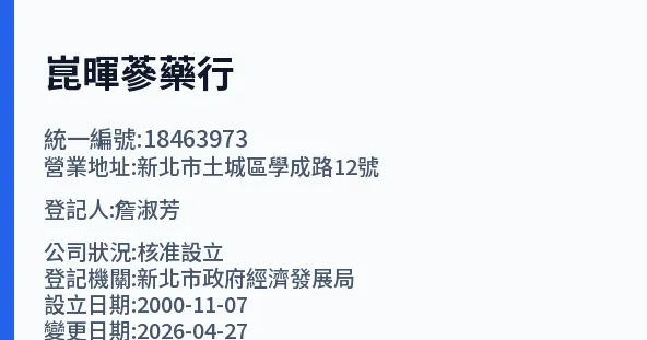 崑暉蔘藥行的照片-統編 18463973(新北市) 公司登記資料與營業項目詳細圖表