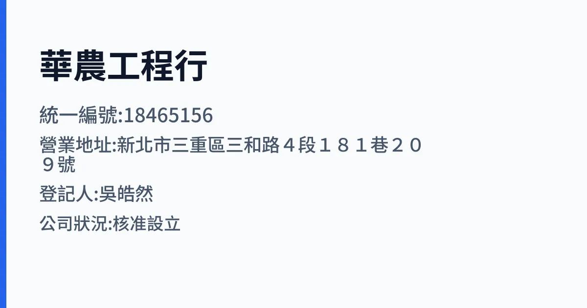華農工程行 - 統編 18465156(新北市) 公司登記資料與營業項目詳細圖表