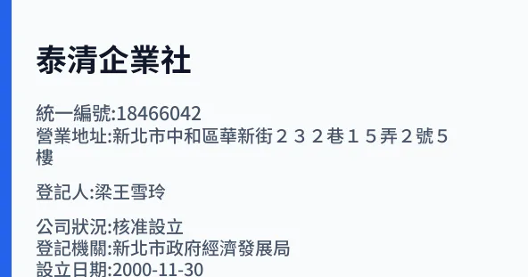 泰清企業社的照片-統編 18466042(新北市) 公司登記資料與營業項目詳細圖表