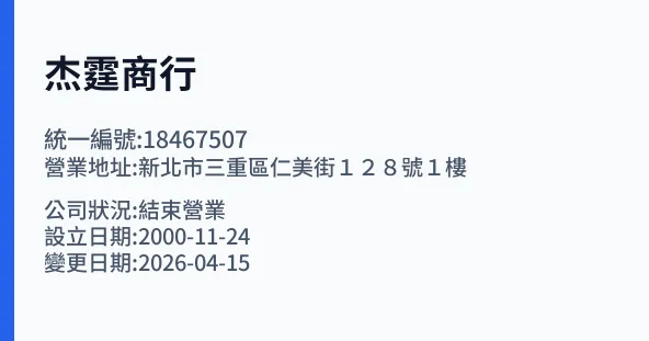 杰霆商行的照片-統編 18467507(新北市) 公司登記資料與營業項目詳細圖表