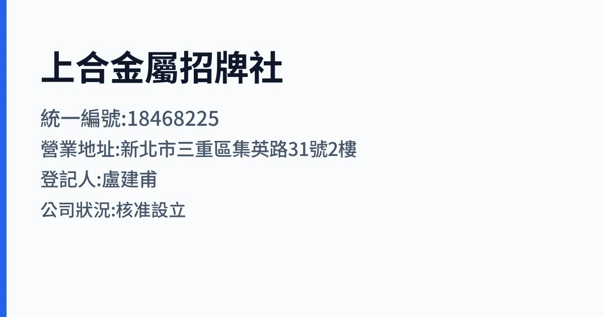 上合金屬招牌社 - 統編 18468225(新北市) 公司登記資料與營業項目詳細圖表
