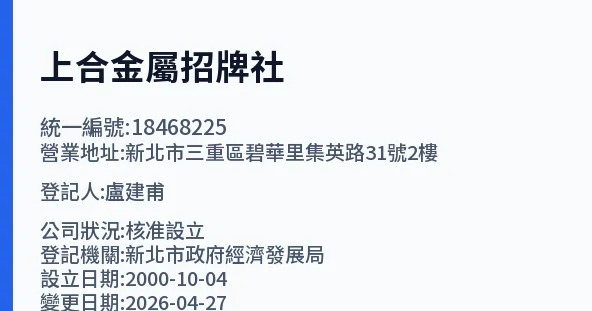 上合金屬招牌社的照片-統編 18468225(新北市) 公司登記資料與營業項目詳細圖表
