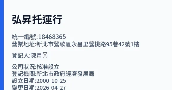 弘昇托運行的照片-統編 18468365(新北市) 公司登記資料與營業項目詳細圖表