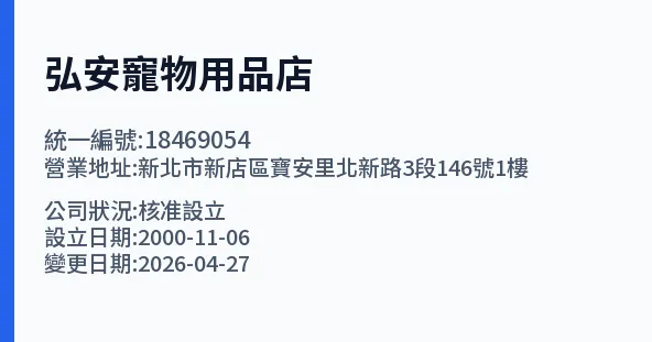 弘安寵物用品店的照片-統編 18469054(新北市) 公司登記資料與營業項目詳細圖表