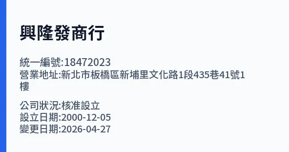 興隆發商行的照片-統編 18472023(新北市) 公司登記資料與營業項目詳細圖表