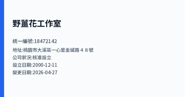 野薑花工作室的照片-統編 18472142(桃園市) 公司登記資料與營業項目詳細圖表