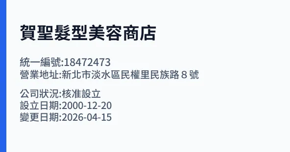 賀聖髮型美容商店的照片-統編 18472473(新北市) 公司登記資料與營業項目詳細圖表