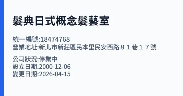 髮典日式概念髮藝室的照片-統編 18474768(新北市) 公司登記資料與營業項目詳細圖表