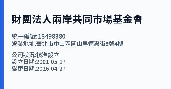 財團法人兩岸共同市場基金會的照片-統編 18498380(臺北市) 公司登記資料與營業項目詳細圖表