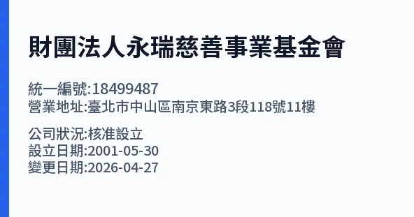 財團法人永瑞慈善事業基金會的照片-統編 18499487(臺北市) 公司登記資料與營業項目詳細圖表