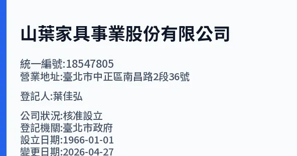 山葉家具事業股份有限公司的照片-統編 18547805(臺北市) 公司登記資料與營業項目詳細圖表