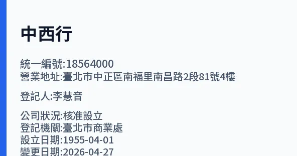 中西行的照片-統編 18564000(臺北市) 公司登記資料與營業項目詳細圖表