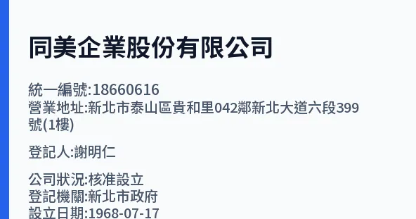同美企業股份有限公司的照片-統編 18660616(新北市) 公司登記資料與營業項目詳細圖表
