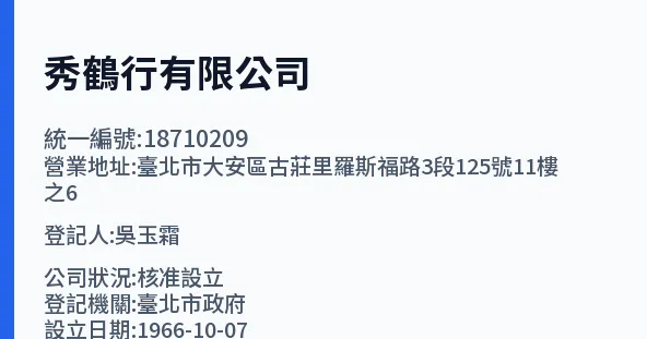 秀鶴行有限公司的照片-統編 18710209(臺北市) 公司登記資料與營業項目詳細圖表