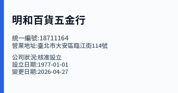 明和百貨五金行的照片-統編 18711164(臺北市) 公司登記資料與營業項目詳細圖表
