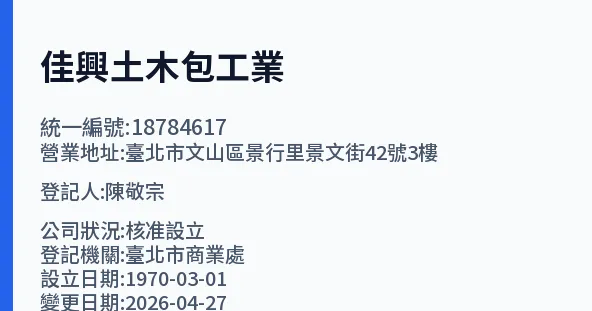 佳興土木包工業的照片-統編 18784617(臺北市) 公司登記資料與營業項目詳細圖表