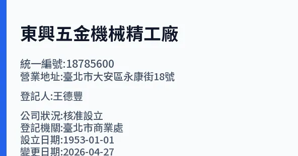 東興五金機械精工廠的照片-統編 18785600(臺北市) 公司登記資料與營業項目詳細圖表