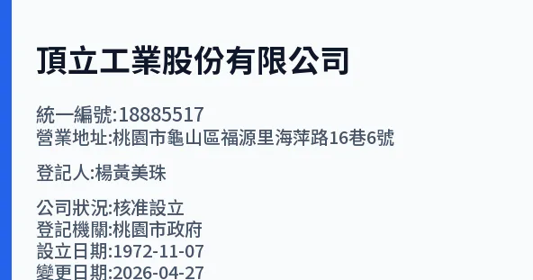 頂立工業股份有限公司的照片-統編 18885517(桃園市) 公司登記資料與營業項目詳細圖表