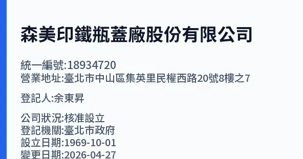 森美印鐵瓶蓋廠股份有限公司的照片-統編 18934720(臺北市) 公司登記資料與營業項目詳細圖表