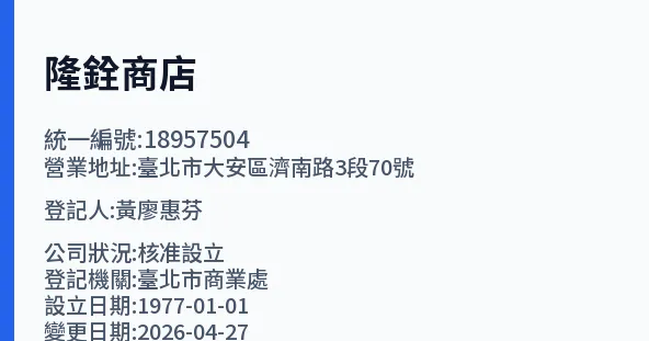 隆銓商店的照片-統編 18957504(臺北市) 公司登記資料與營業項目詳細圖表