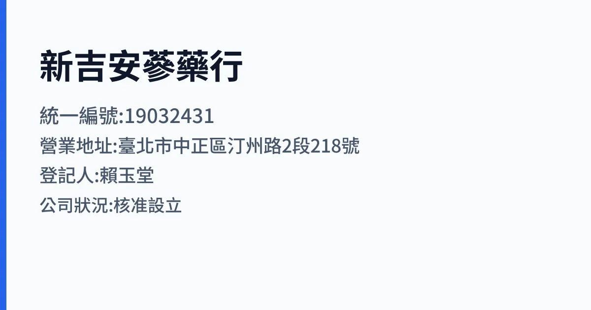 新吉安蔘藥行 - 統編 19032431(臺北市) 公司登記資料與營業項目詳細圖表