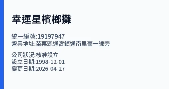 幸運星檳榔攤的照片-統編 19197947(苗栗縣) 公司登記資料與營業項目詳細圖表