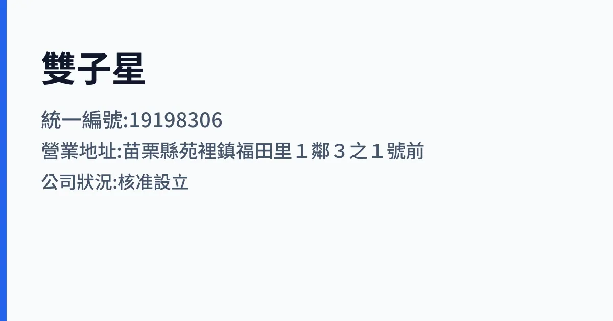 雙子星 - 統編 19198306(苗栗縣) 公司登記資料與營業項目詳細圖表