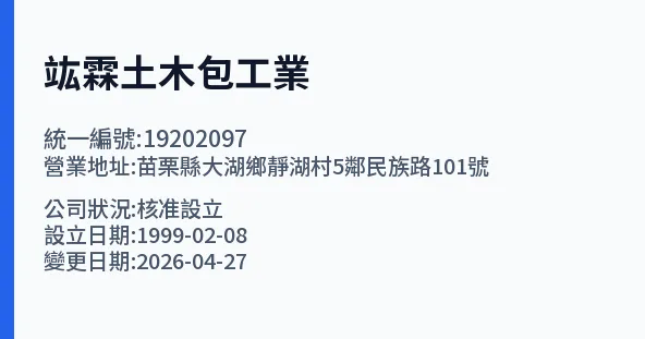 竑霖土木包工業的照片-統編 19202097(苗栗縣) 公司登記資料與營業項目詳細圖表