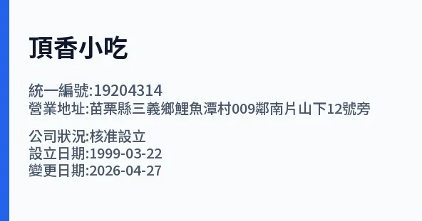 頂香小吃的照片-統編 19204314(苗栗縣) 公司登記資料與營業項目詳細圖表