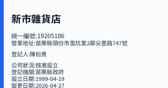 新市雜貨店的照片-統編 19205186(苗栗縣) 公司登記資料與營業項目詳細圖表