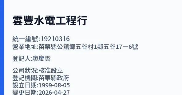 雲豐水電工程行的照片-統編 19210316(苗栗縣) 公司登記資料與營業項目詳細圖表