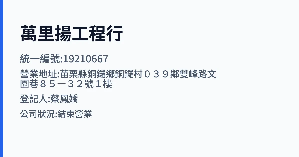 萬里揚工程行 - 統編 19210667(苗栗縣) 公司登記資料與營業項目詳細圖表