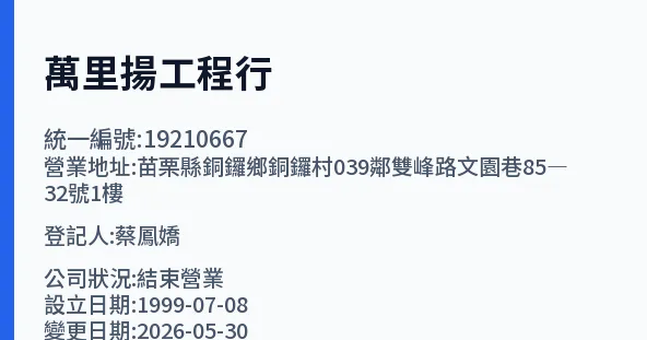 萬里揚工程行的照片-統編 19210667(苗栗縣) 公司登記資料與營業項目詳細圖表