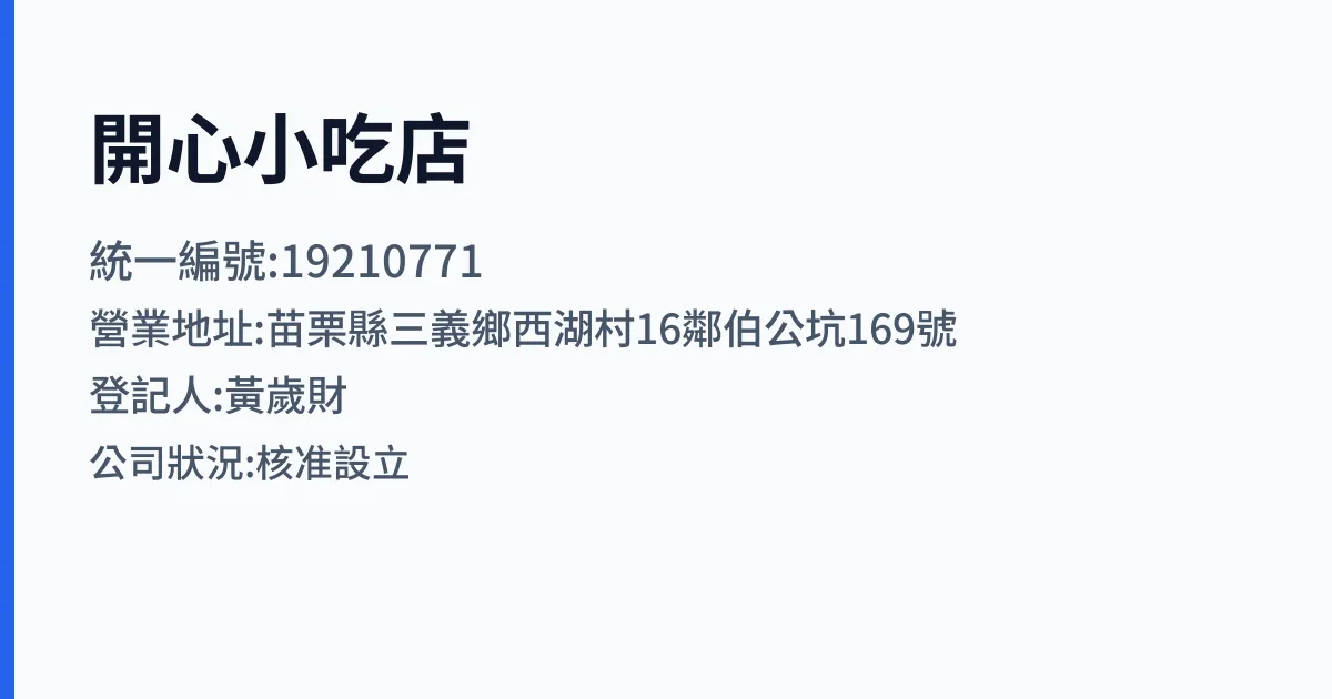 開心小吃店 - 統編 19210771(苗栗縣) 公司登記資料與營業項目詳細圖表
