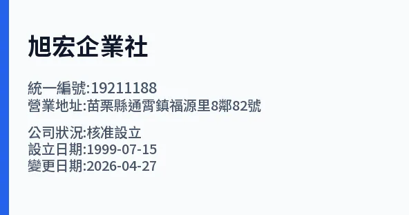 旭宏企業社的照片-統編 19211188(苗栗縣) 公司登記資料與營業項目詳細圖表