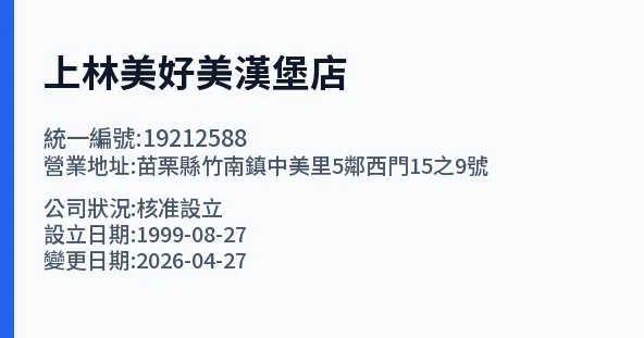 上林美好美漢堡店的照片-統編 19212588(苗栗縣) 公司登記資料與營業項目詳細圖表