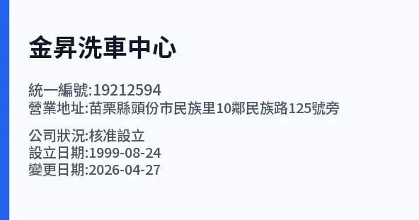 金昇洗車中心的照片-統編 19212594(苗栗縣) 公司登記資料與營業項目詳細圖表