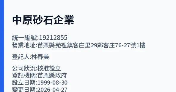 中原砂石企業的照片-統編 19212855(苗栗縣) 公司登記資料與營業項目詳細圖表