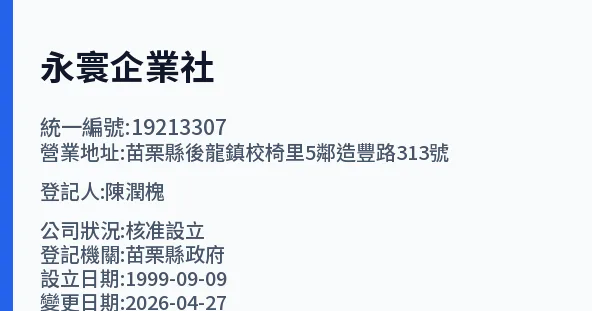 永寰企業社的照片-統編 19213307(苗栗縣) 公司登記資料與營業項目詳細圖表