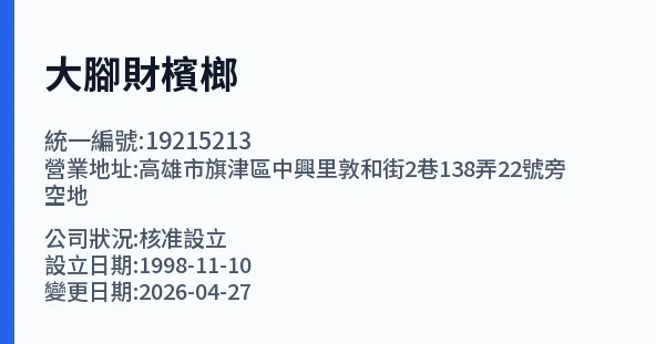 大腳財檳榔的照片-統編 19215213(高雄市) 公司登記資料與營業項目詳細圖表