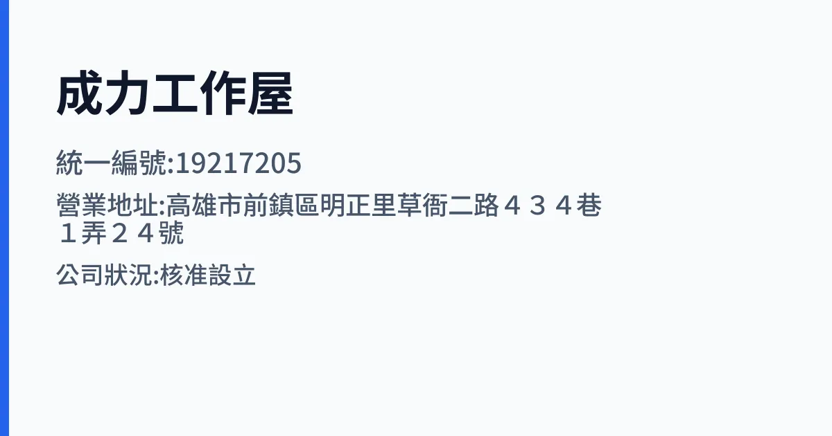 成力工作屋 - 統編 19217205(高雄市) 公司登記資料與營業項目詳細圖表