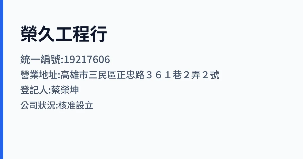 榮久工程行 - 統編 19217606(高雄市) 公司登記資料與營業項目詳細圖表